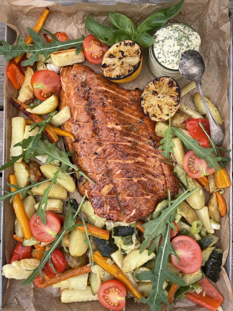 Grillad lax med rostade grönsaker - Victorias provkök